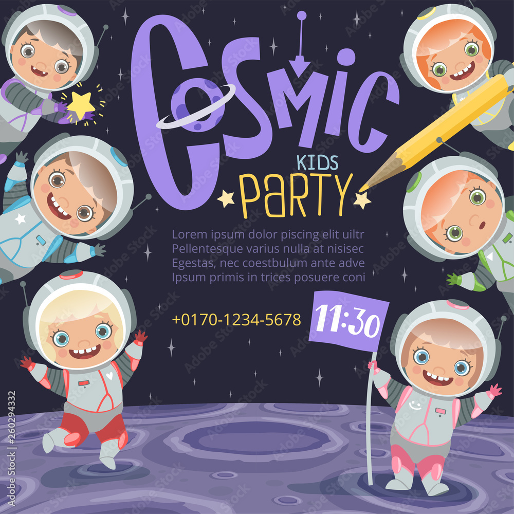 Kids party invitation. Astronauts childrens cartoon space background ...