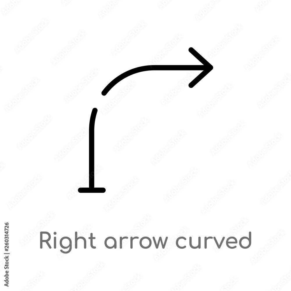 outline right arrow curved vector icon. isolated black simple line ...