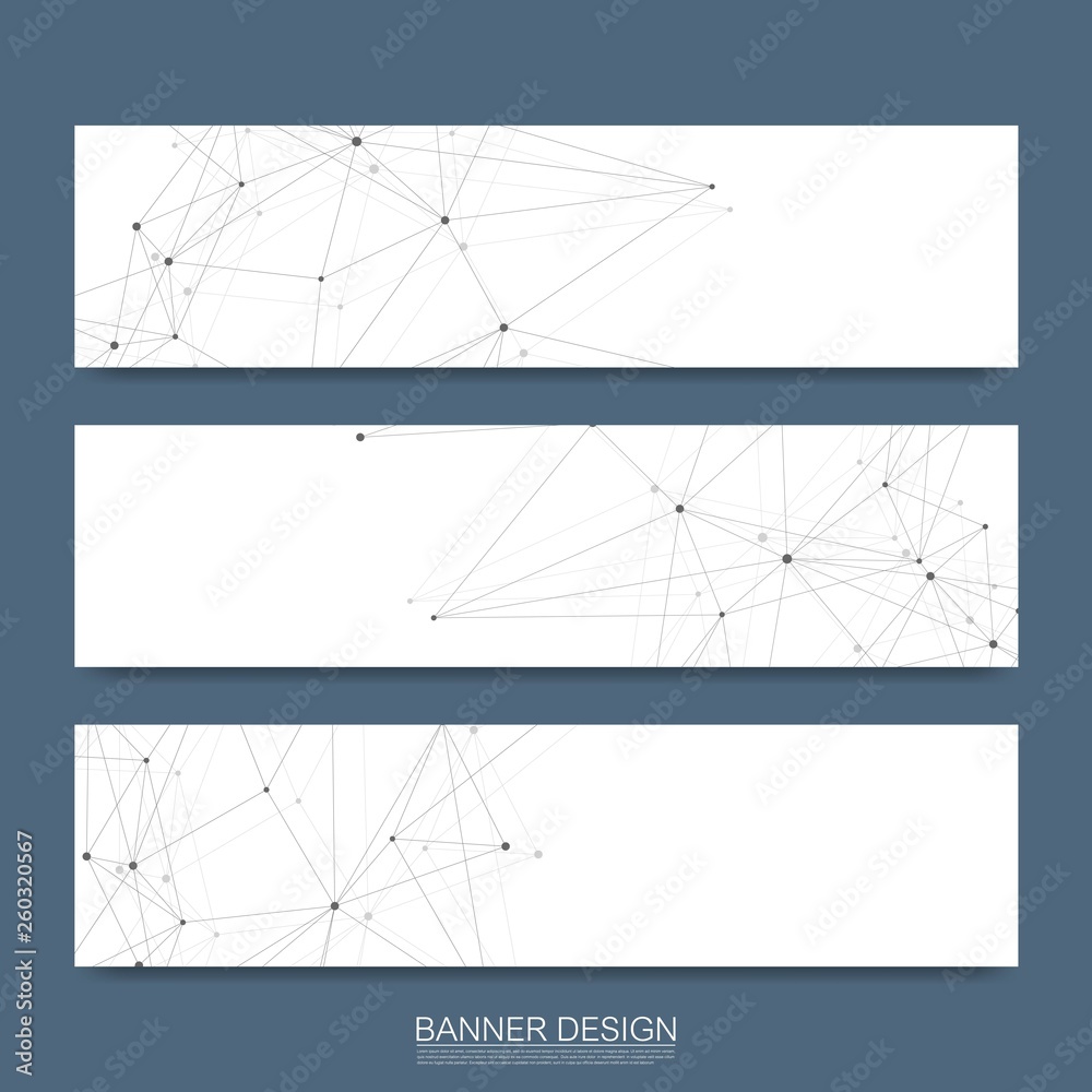 Abstract Molecules Banners Set With Lines Dots Circles Polygons Vector Design Network