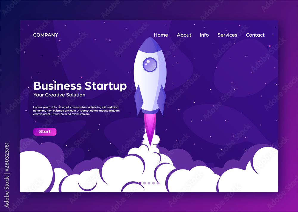 Website landing home page with rocket. Business project startup and ...