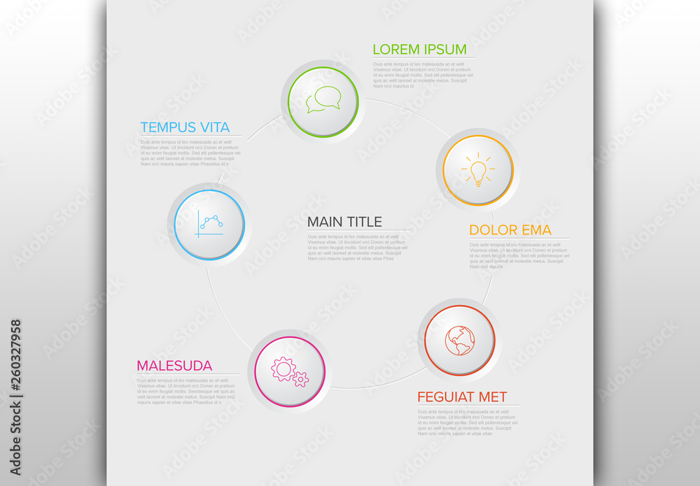 Minimalist Diagram Layout with 5 Colorful Circle Points 素材庫範本 | Adobe Stock