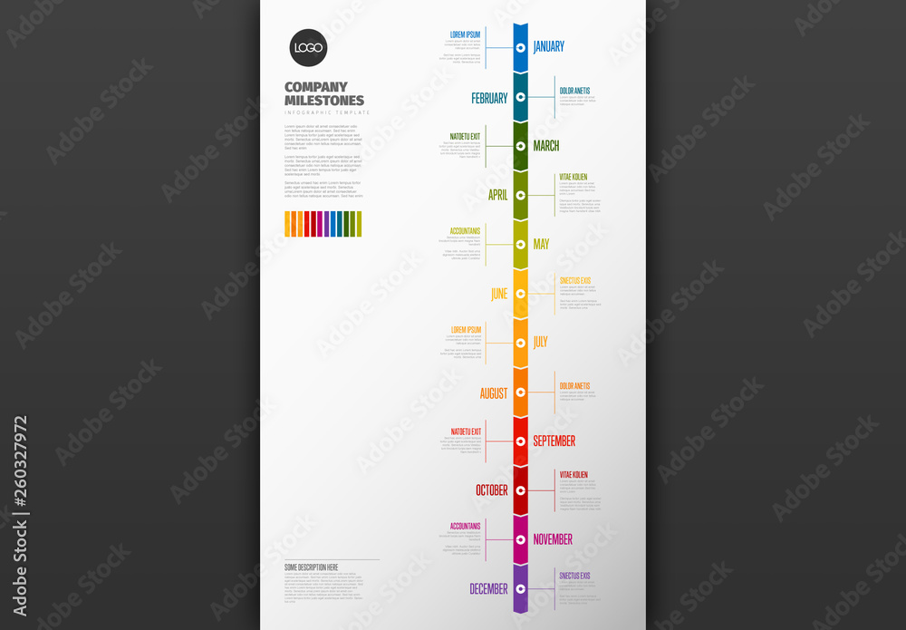 Vertical Full Year Timeline Layout with Rainbow Accents Stock Template ...