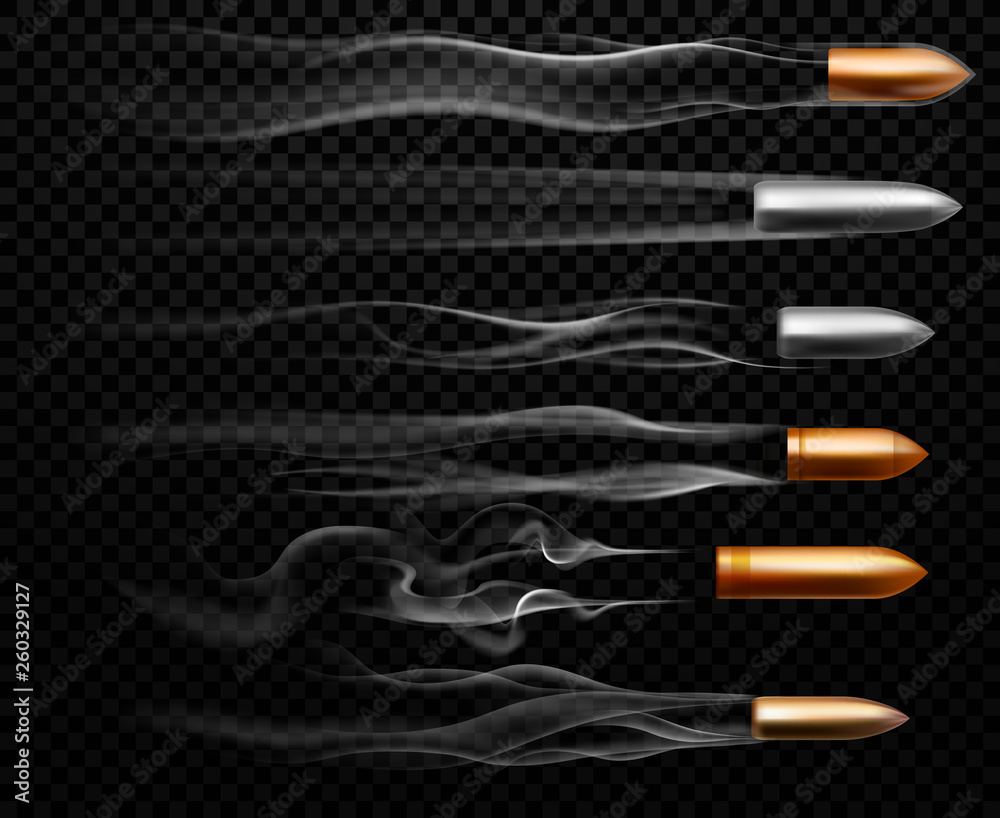 Flying bullet traces. Shooting military bullets smoke trace, handgun ...