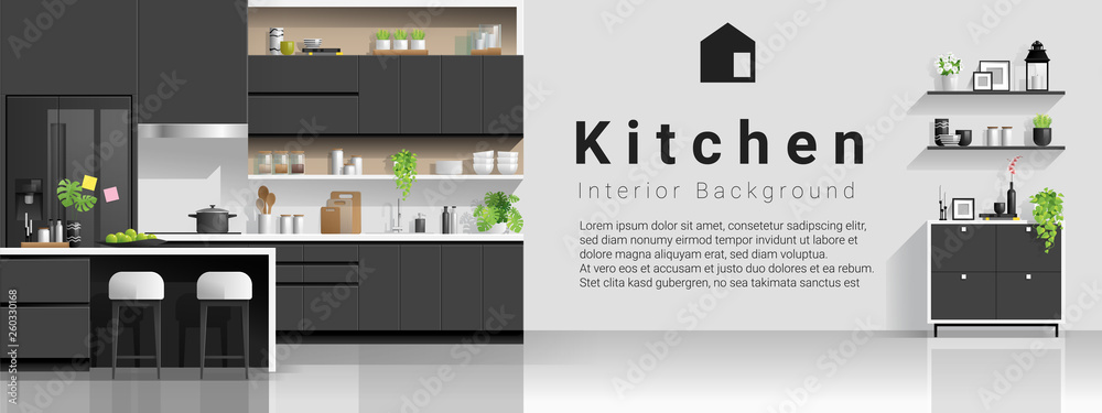Interior background with modern black and white kitchen , vector ...