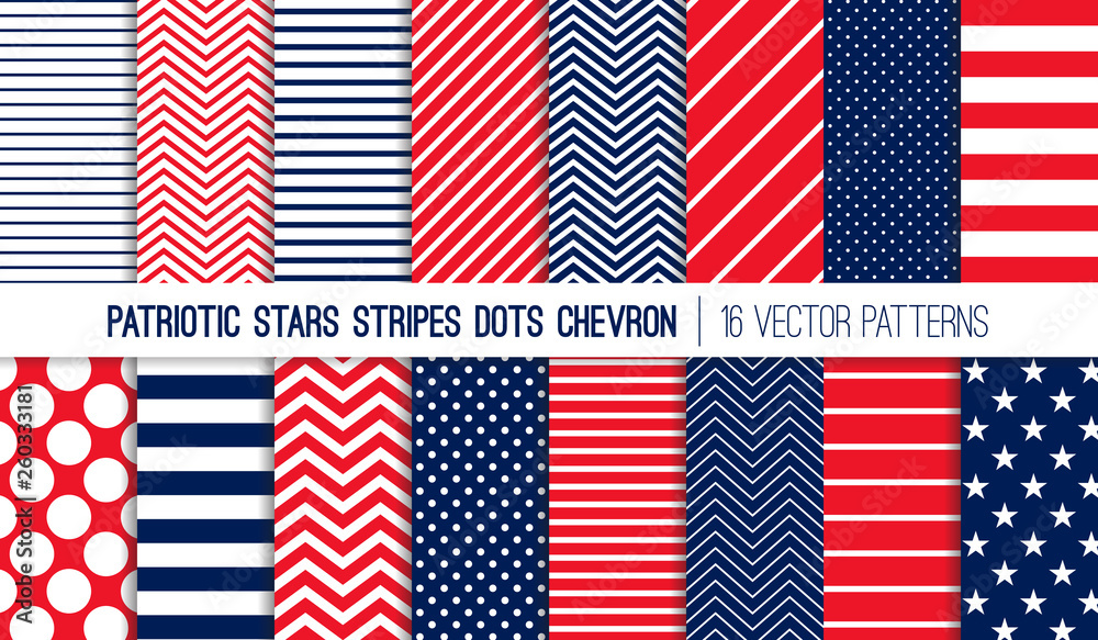 Patriotic Red White Blue Stars, Stripes, Polka Dots and Chevron Vector ...