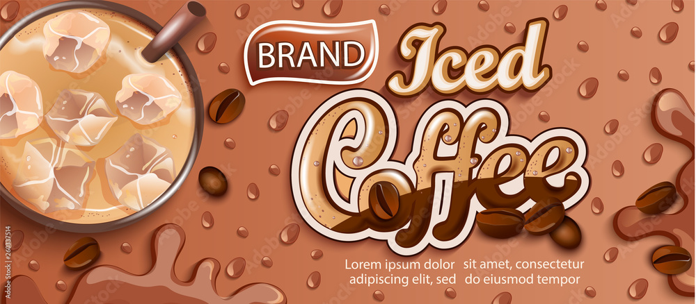 Iced coffee banner with splashing drink, ice cubes and cinnamon, coffee ...