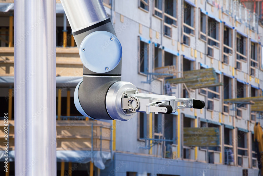 Robotic arm on a background of a scaffolding. Digital transformation ...