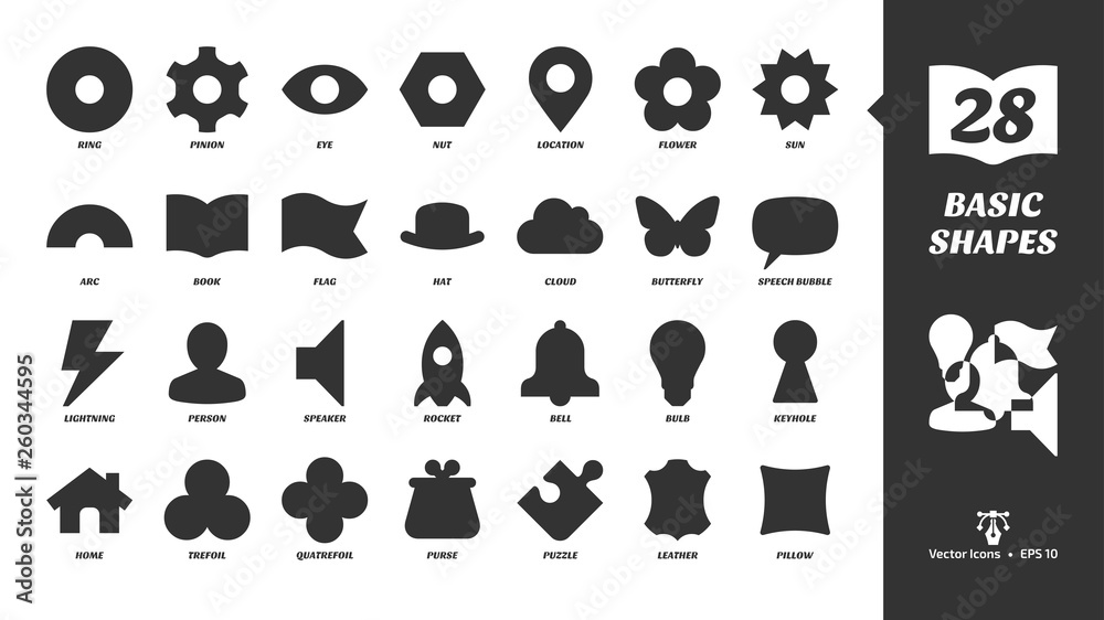 Basic glyph shapes icon set with simple silhouette ring, pinion, eye ...