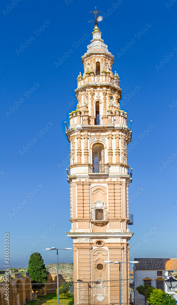 Baroque Tower of Victory in Estepa, province of Seville. Charming white ...