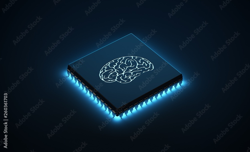 Microchip emanating blue neon light with brain illuminated on the ...