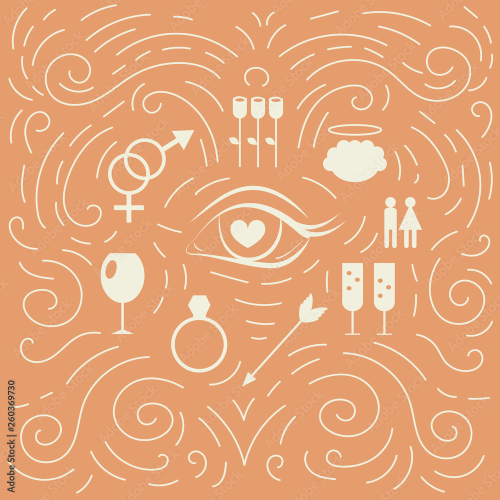 Vector illustration of romantic signs with hand drawn elements and sign ...