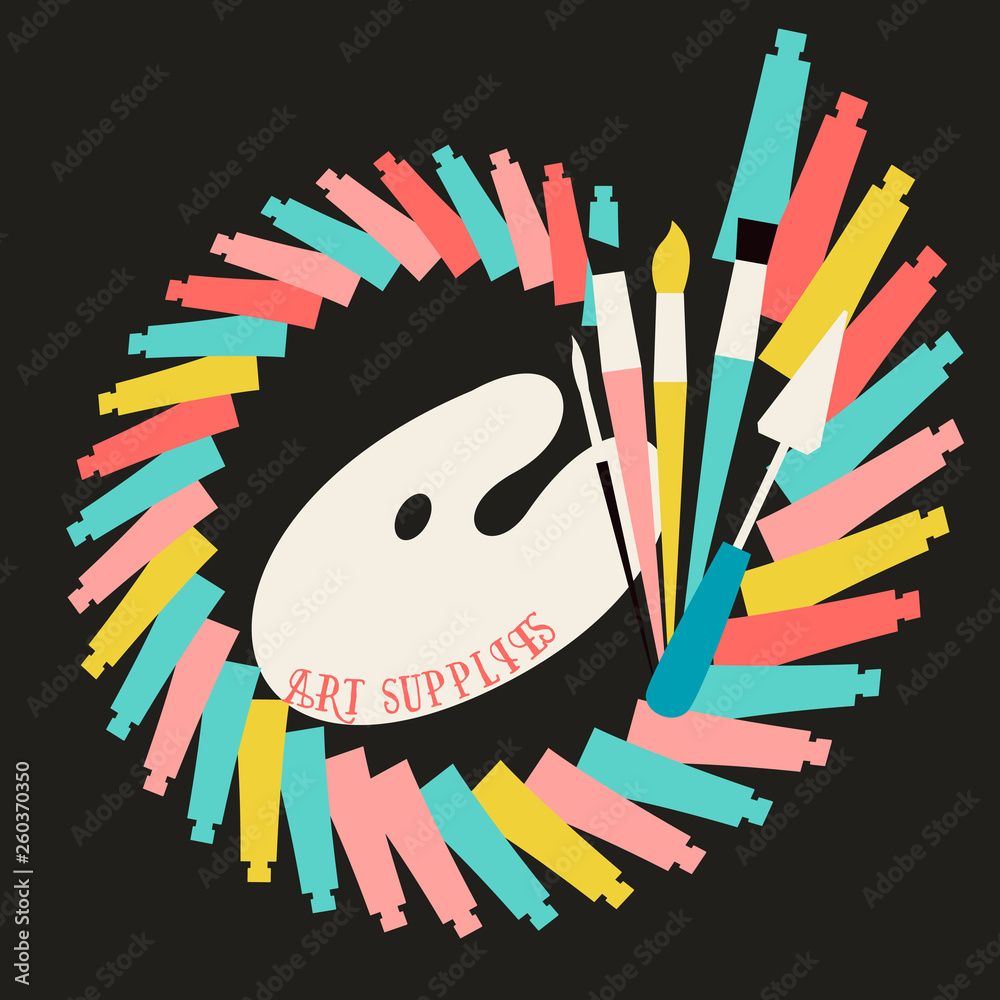 Vector illustration of composition with art supplies made in cartoon ...