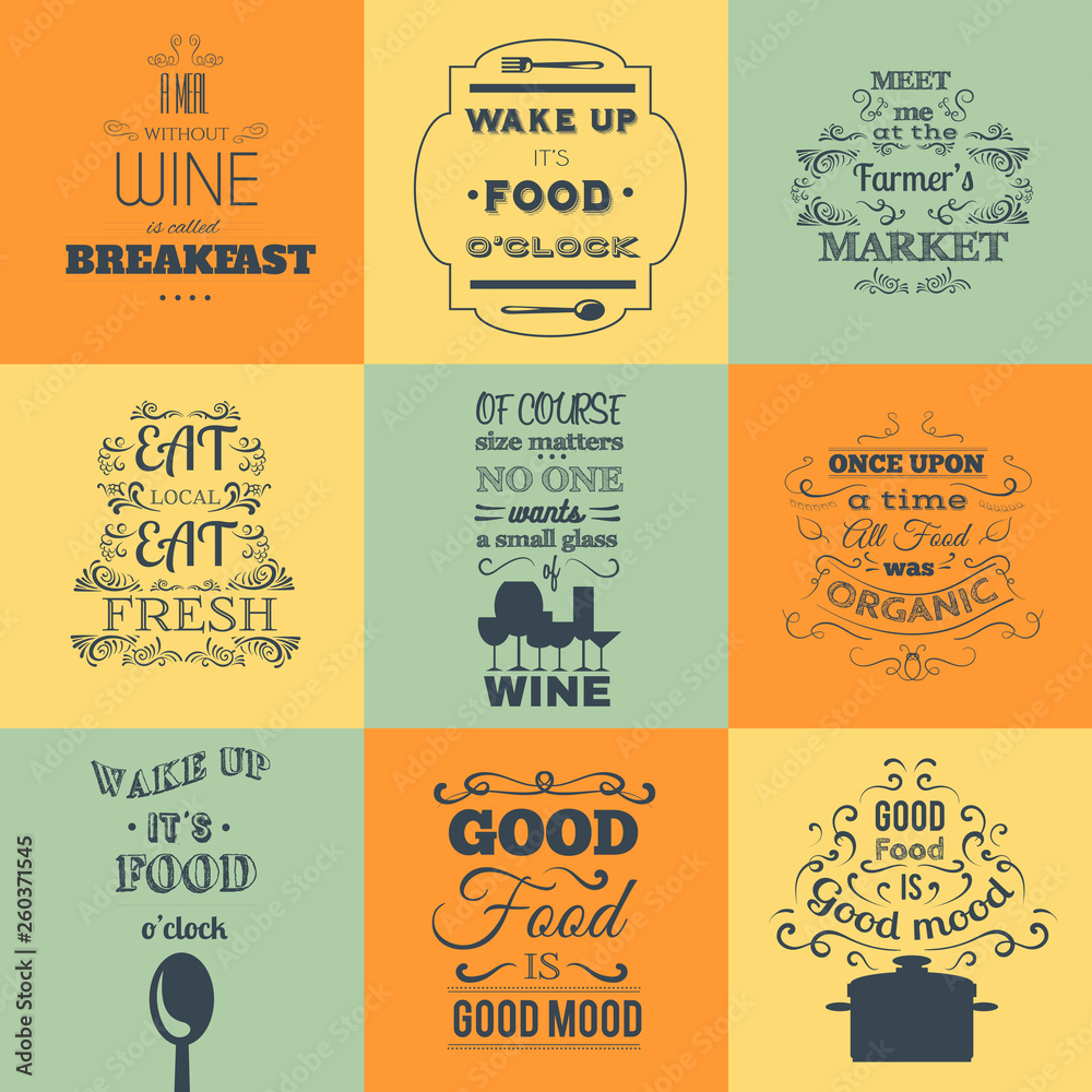 Collection of food quotes with hand drawn oriental elements. Template ...