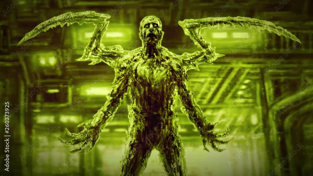 Creepy monster insect. Factory floor background. 2D animation in black ...