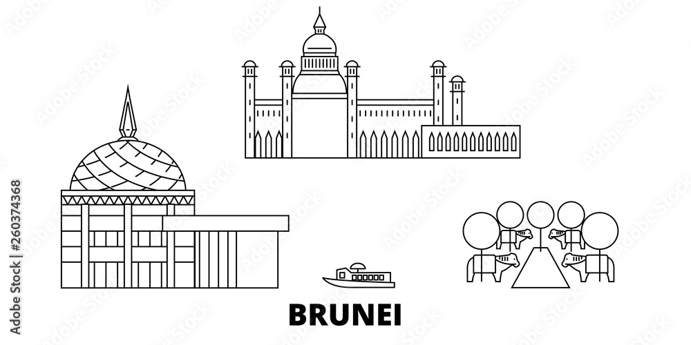 Brunei flat travel skyline set. Brunei black city vector panorama ...