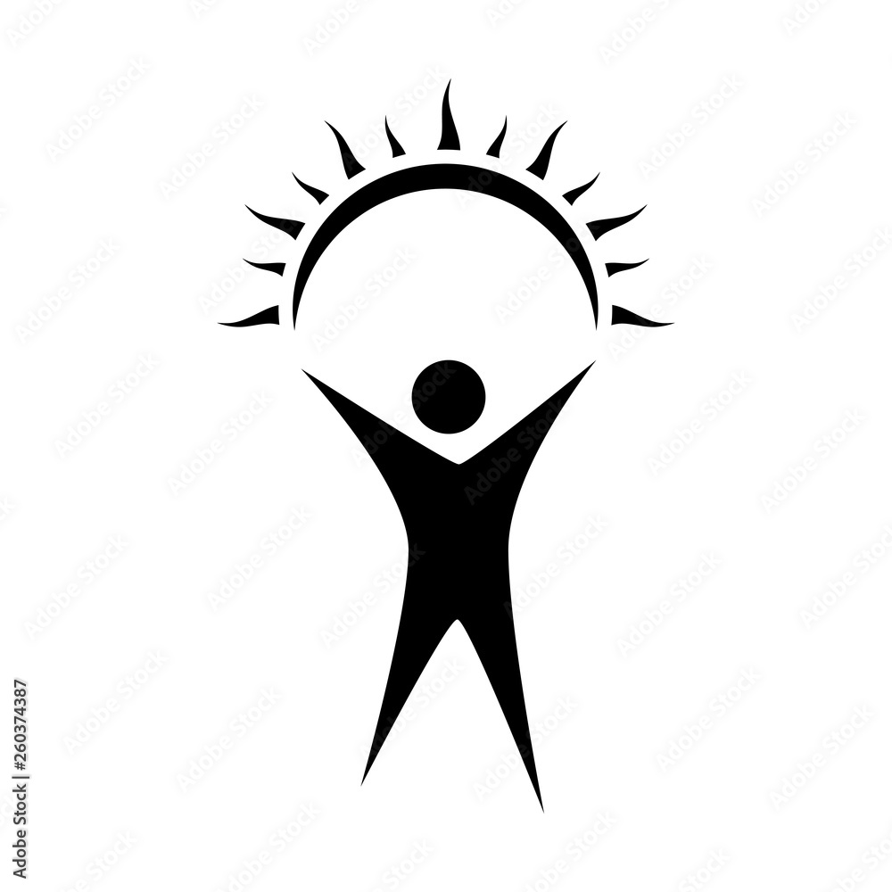 Man with rised hands holding a sun. Sun in hand. Vector sun and man web ...