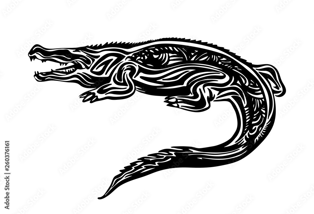Hand drawn crocodile outline sketch. Vector black ink drawing isolated ...