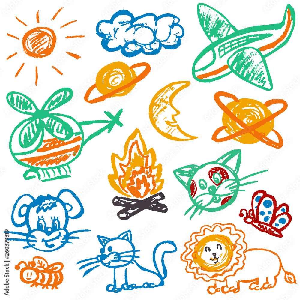 Cute children's drawing. Icons, signs, symbols, pins Stock Vector ...