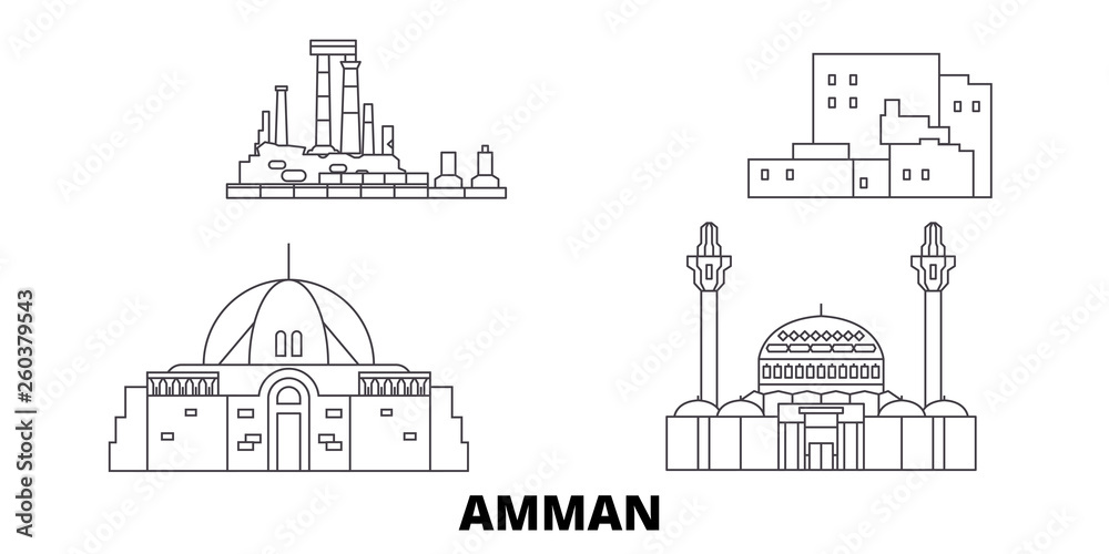 Jordan, Amman flat travel skyline set. Jordan, Amman black city vector ...
