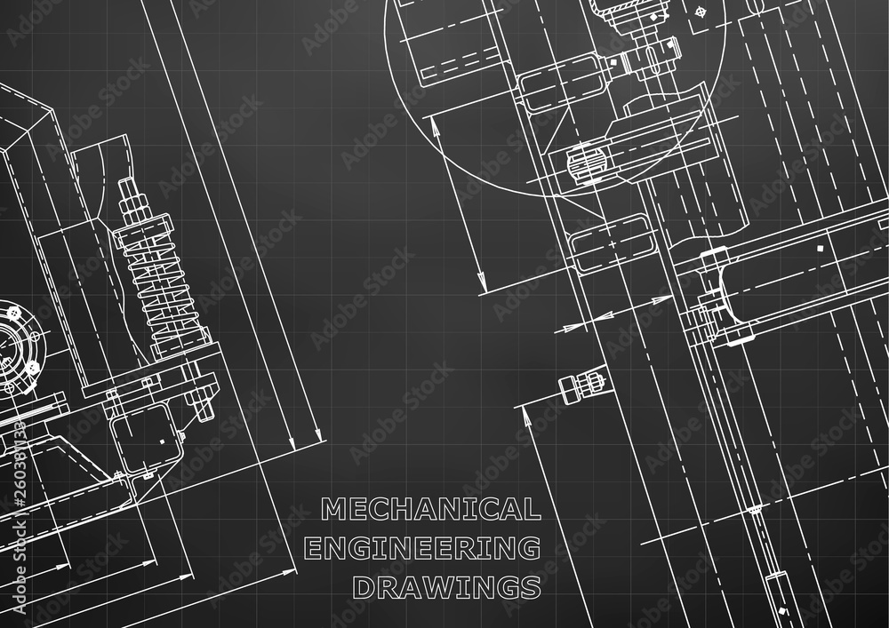 Blueprint, Sketch. Vector engineering illustration. Cover, flyer, banner, Black background. Grid ...