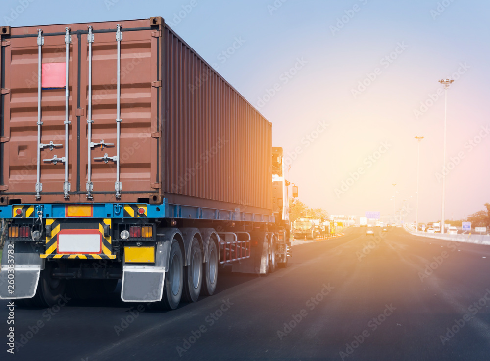 Truck on highway road with red container, transportation concept ...