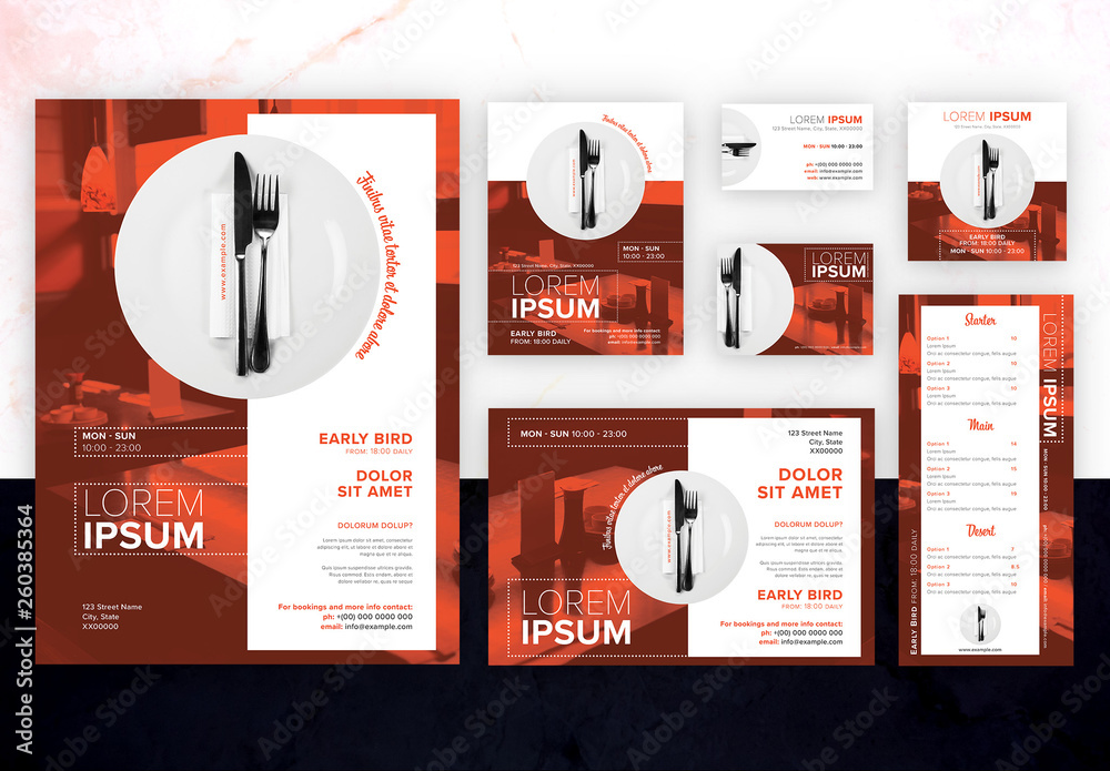 Restaurant Event Print Kit Layout with Orange and White Accents Stock ...
