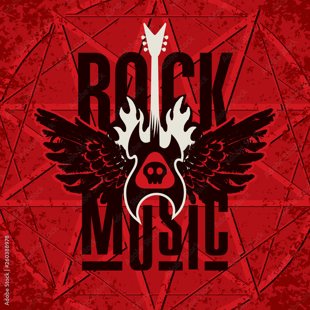 Vector banner with words Rock music, with electric guitar and wings on ...