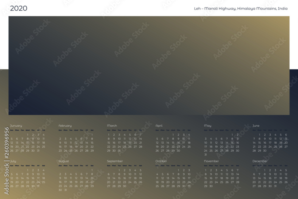 Calendar design for 2020. Week starts on Sunday. Calendar page vector ...