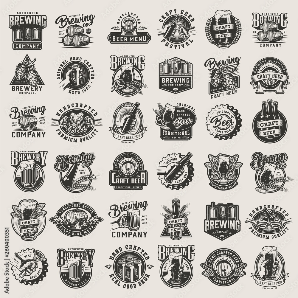 Vintage monochrome beer designs big set Stock Vector | Adobe Stock