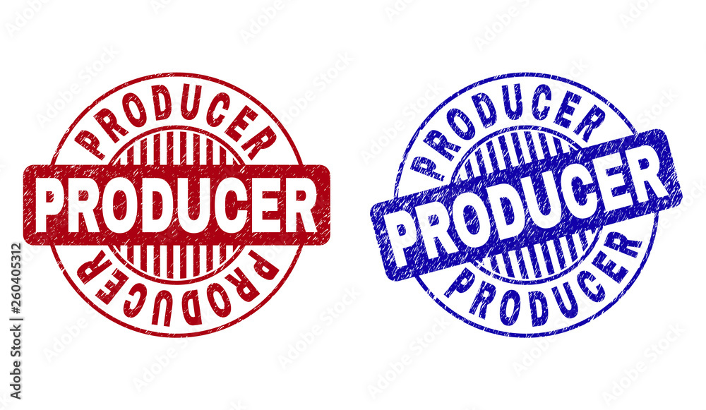 Grunge PRODUCER round stamp seals isolated on a white background. Round ...