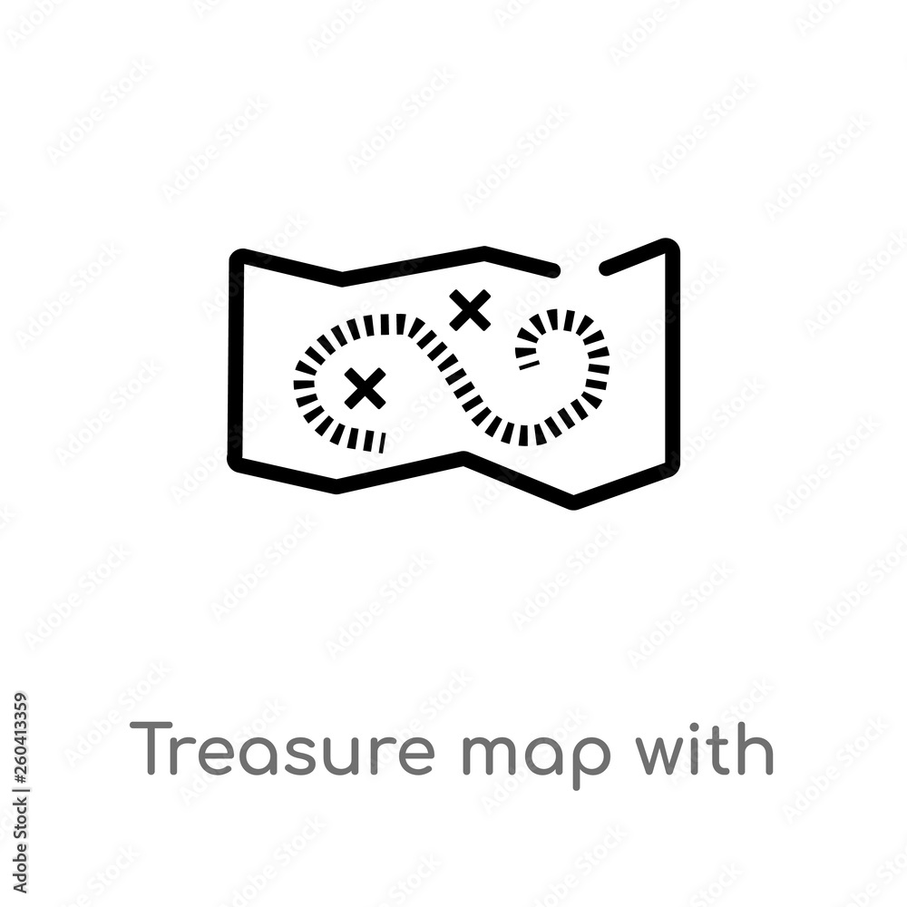 outline treasure map with x vector icon. isolated black simple line ...