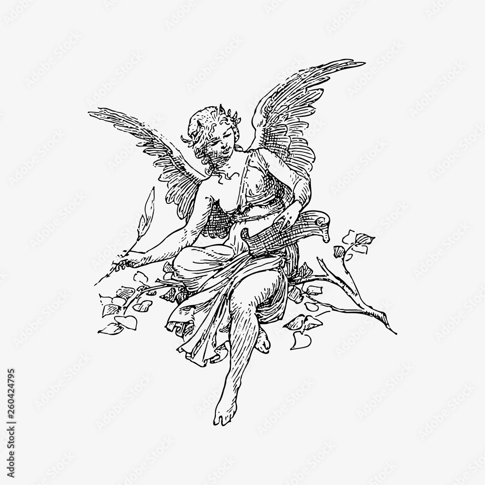 Female angel vintage drawing Stock Vector | Adobe Stock