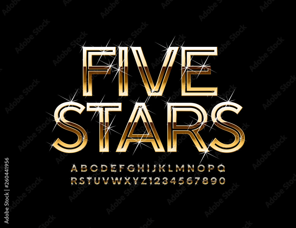 Vector Golden Sign Five Stars. Chic metallic Font. Glossy Alphabet ...