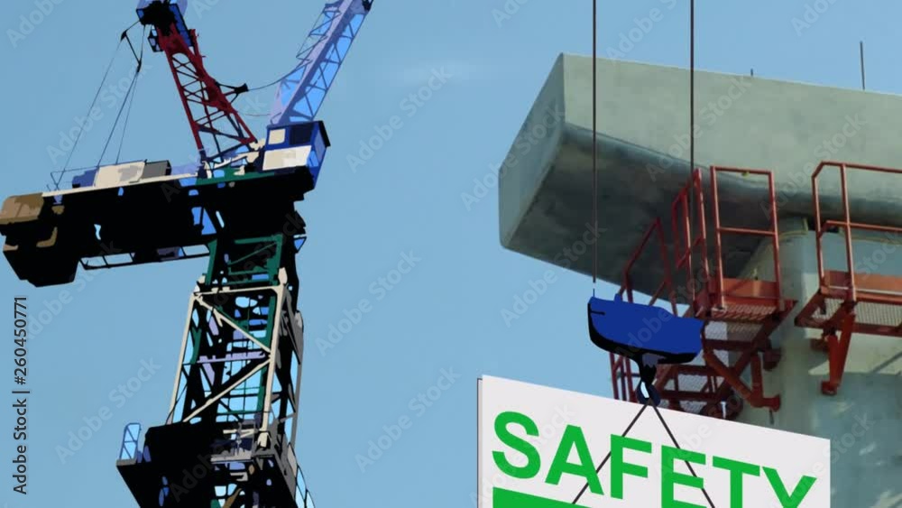 footage vdo of tower crane lifting a green wording safety first signage ...