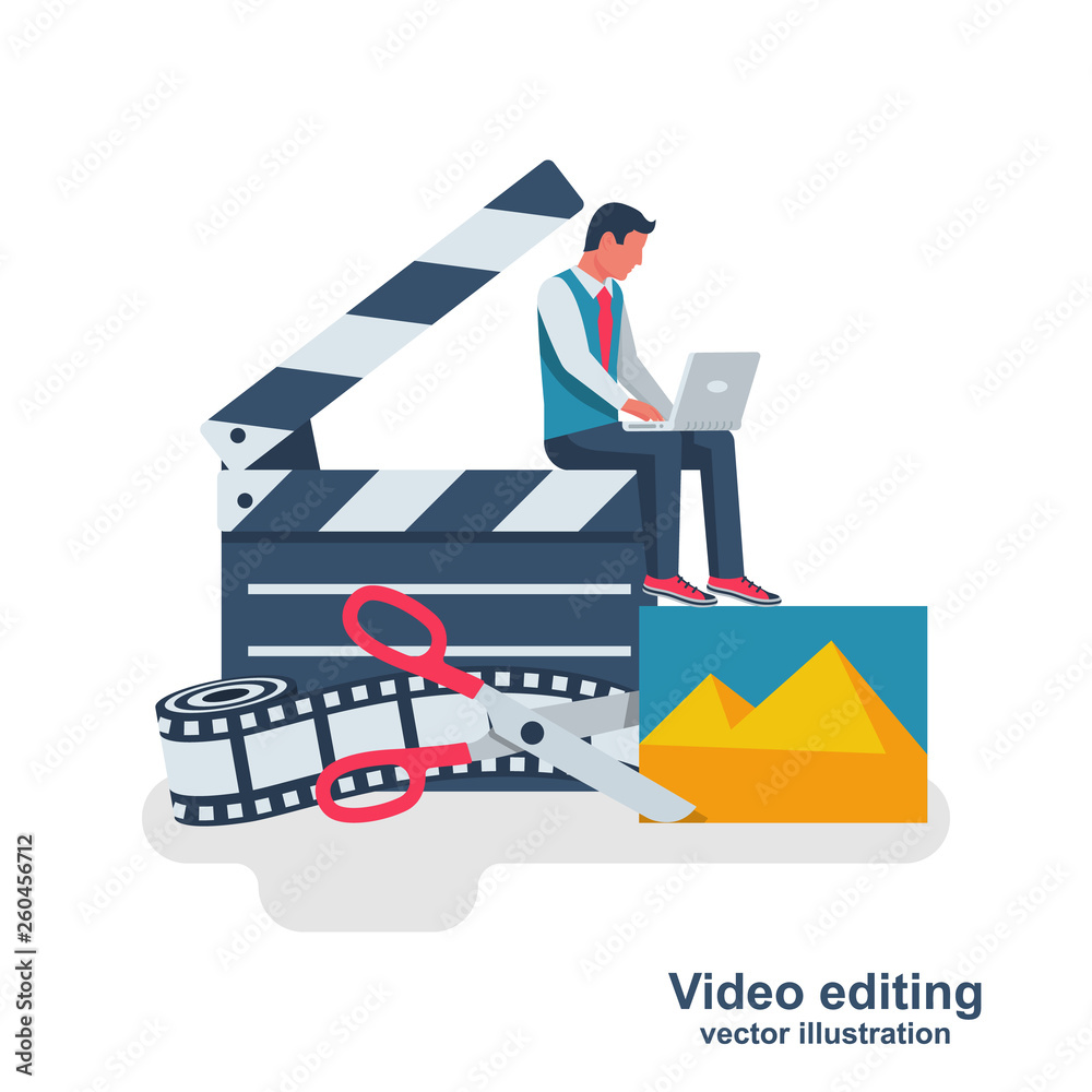 Video editing. Multimedia content. Footage editing. Videographer with a ...