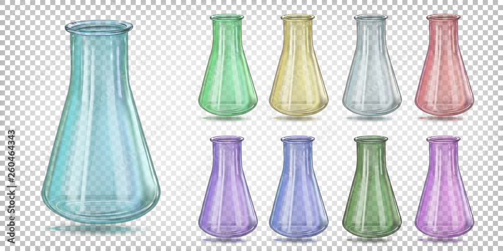 Multi-colored glass laboratory Erlenmeyer flask (conical flask ...