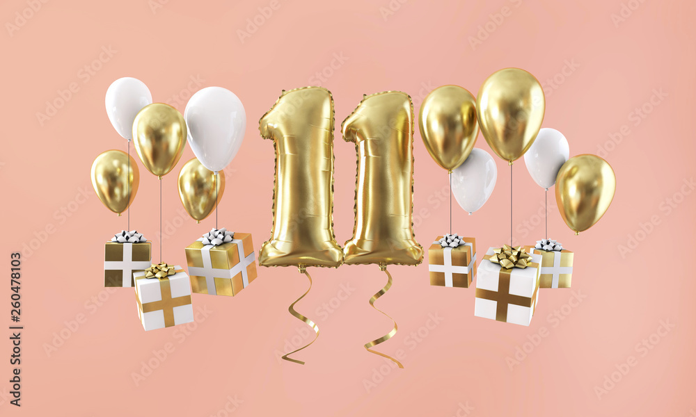Number 11 birthday celebration gold balloon with presents. 3D Render ...