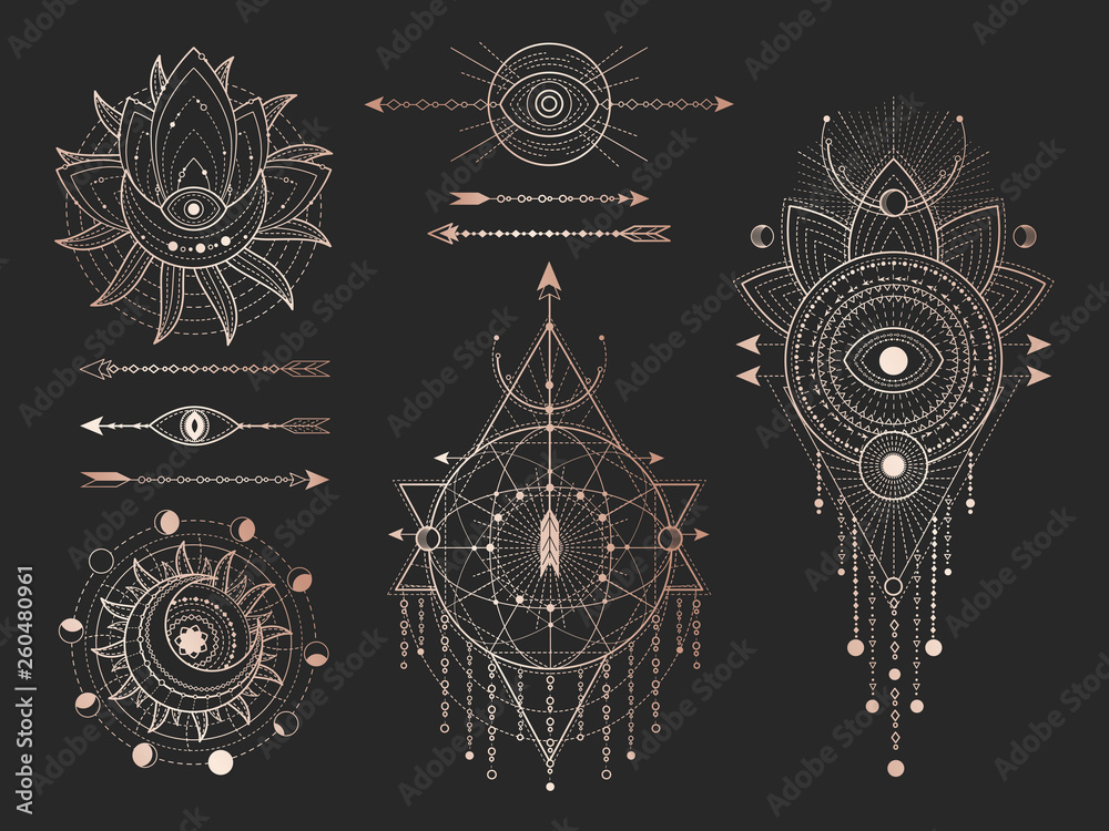 Vector set of Sacred geometric symbols and figures on black background ...