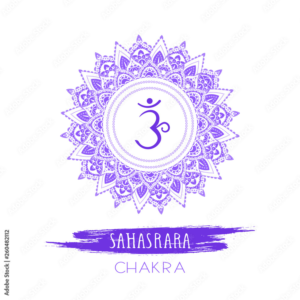 Vector illustration with symbol Sahasrara - Crown chakra and watercolor ...