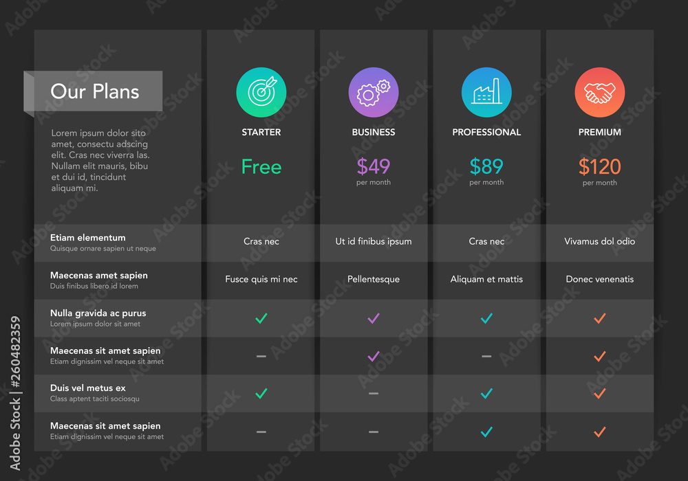 Modern pricing comparison table with four subscription plans and place ...