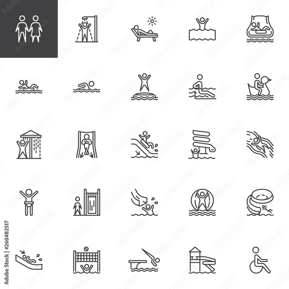 Water park slides line icons set. linear style symbols collection ...