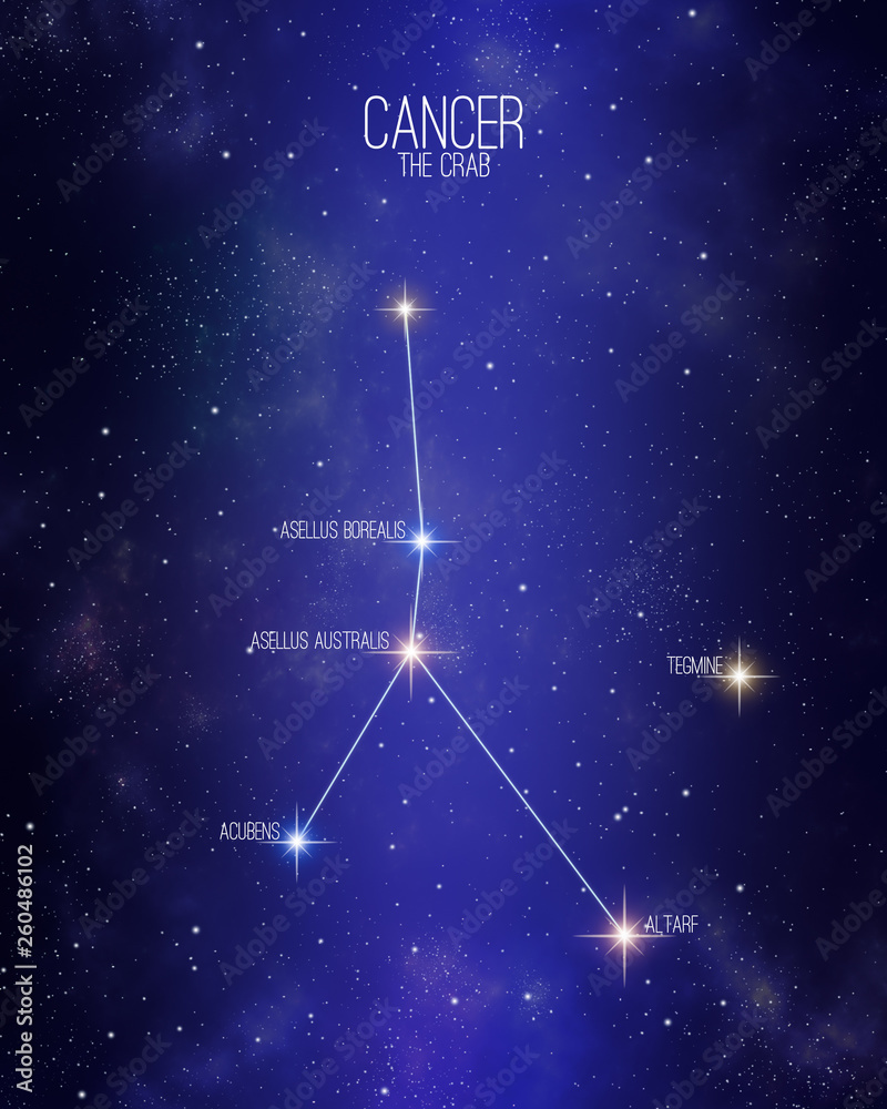 Cancer the crab zodiac constellation map on a starry space background ...