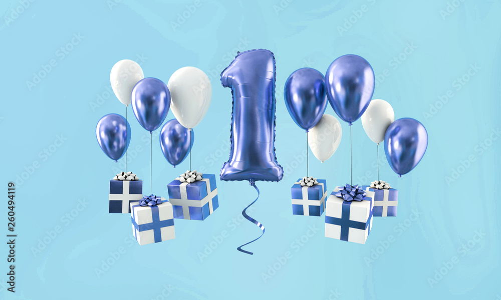 Number 1 birthday celebration gold balloon with presents. 3D Render ...