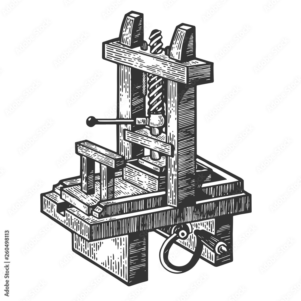 Vintage first printing press sketch engraving vector illustration ...