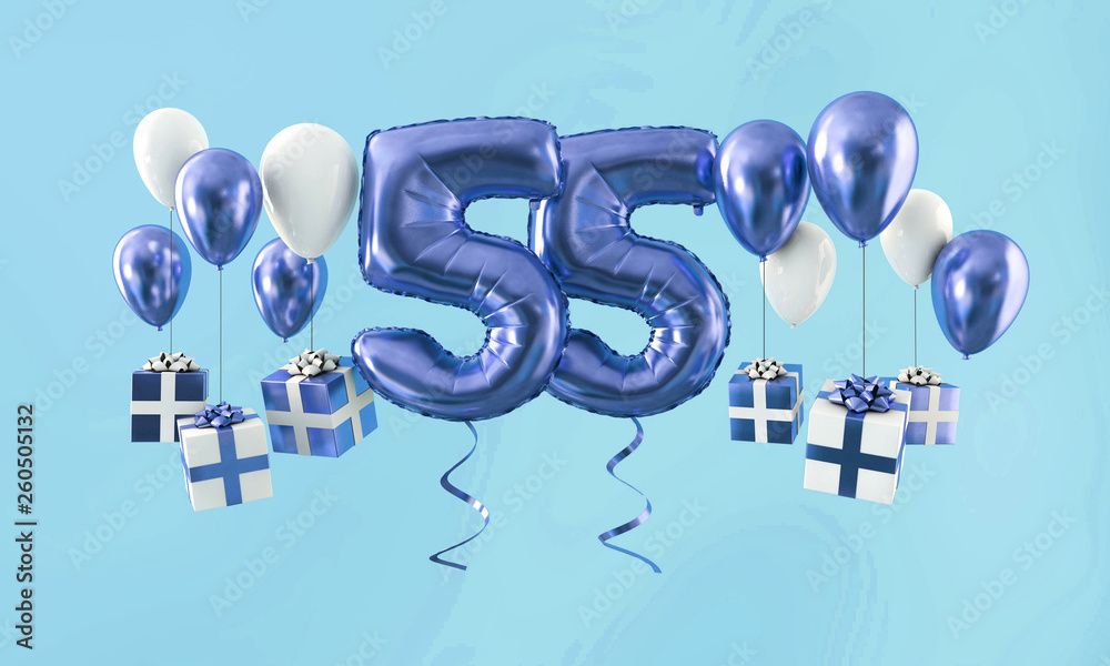 Number 55 birthday celebration gold balloon with presents. 3D Render ...