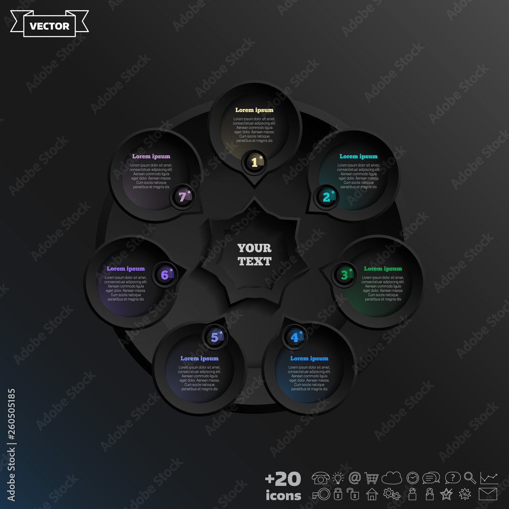 Vector infographic design with colorful circle on the black background ...