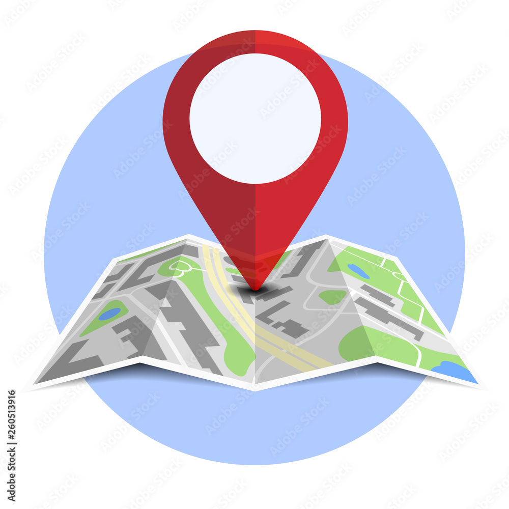 round badge with generic folded map with location pin and shadow Stock ...