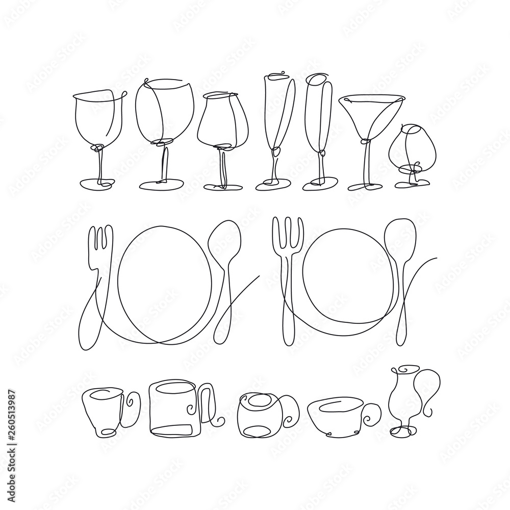 Table setting items continuous line drawing set Stock Vector | Adobe Stock