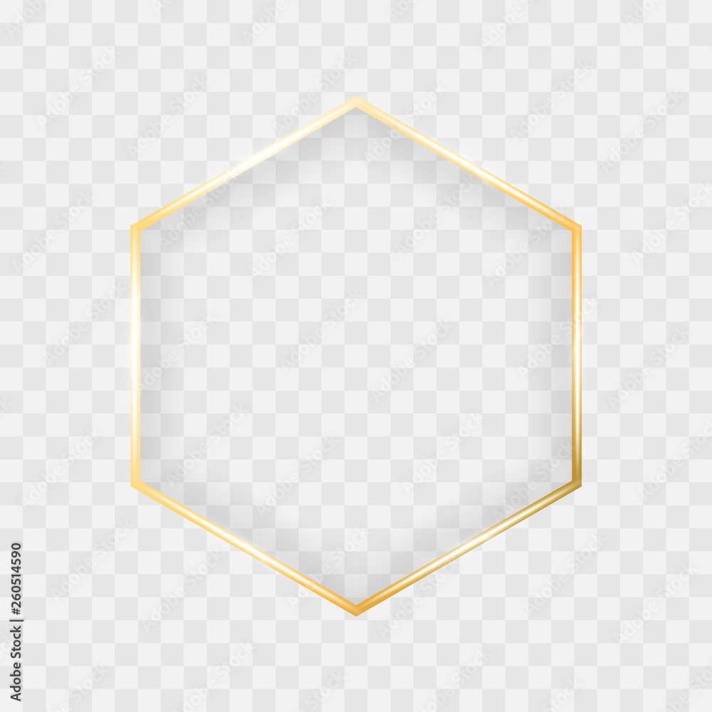 Gold shiny glowing hexagon frame isolated on transparent background ...