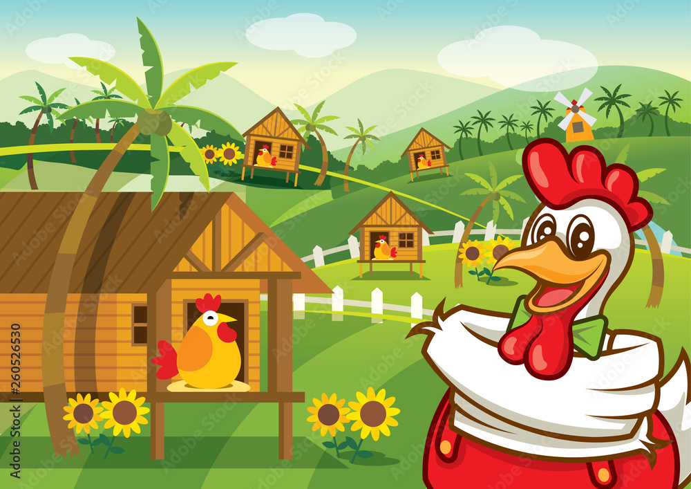 Cartoon Happy chicken character with chicken farm village background ...